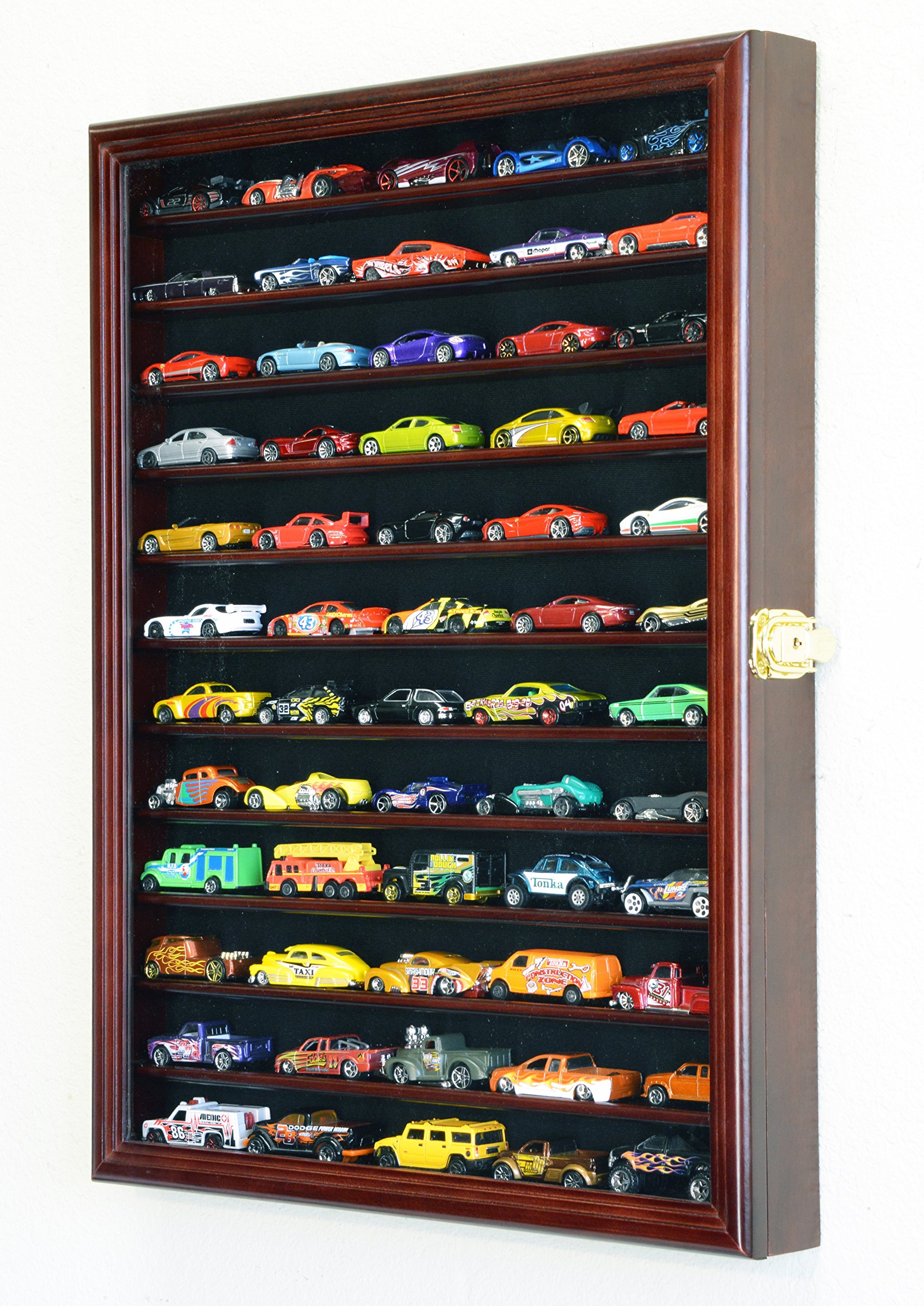 Hot Wheels Matchbox 1/64 Scale Diecast Model Display Case Cabinet Wall Rack w/98% UV Door -Cherry