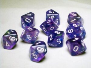 chessex dice sets: borealis purple with white - ten sided die d10 set (10)