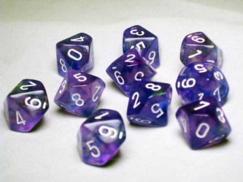 Chessex Dice Sets: Borealis Purple with White - Ten Sided Die d10 Set (10)