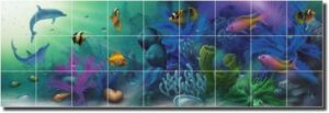 coral garden by david miller - undersea fish ceramic tile mural 12.75" x 38.25" kitchen shower backsplash