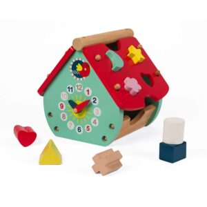 janod baby forest house 2-in-1 shape sorter and tell time clock - ages 18 months+ - j08008