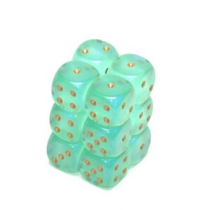 chessex borealis 16mm d6 light green w/gold dice block (12 dice)