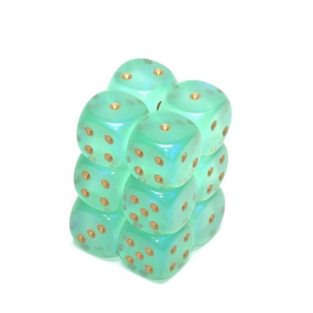 Chessex Borealis 16mm d6 Light Green w/gold Dice Block (12 Dice)