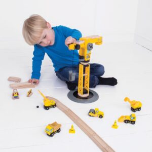 Bigjigs Rail Big Yellow Wooden Crane Construction Play Set with Vehicles & Accessories