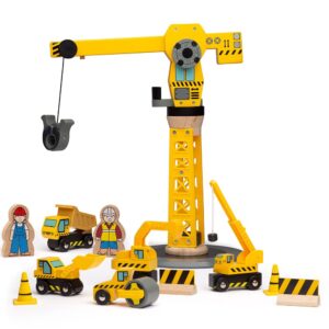 Bigjigs Rail Big Yellow Wooden Crane Construction Play Set with Vehicles & Accessories