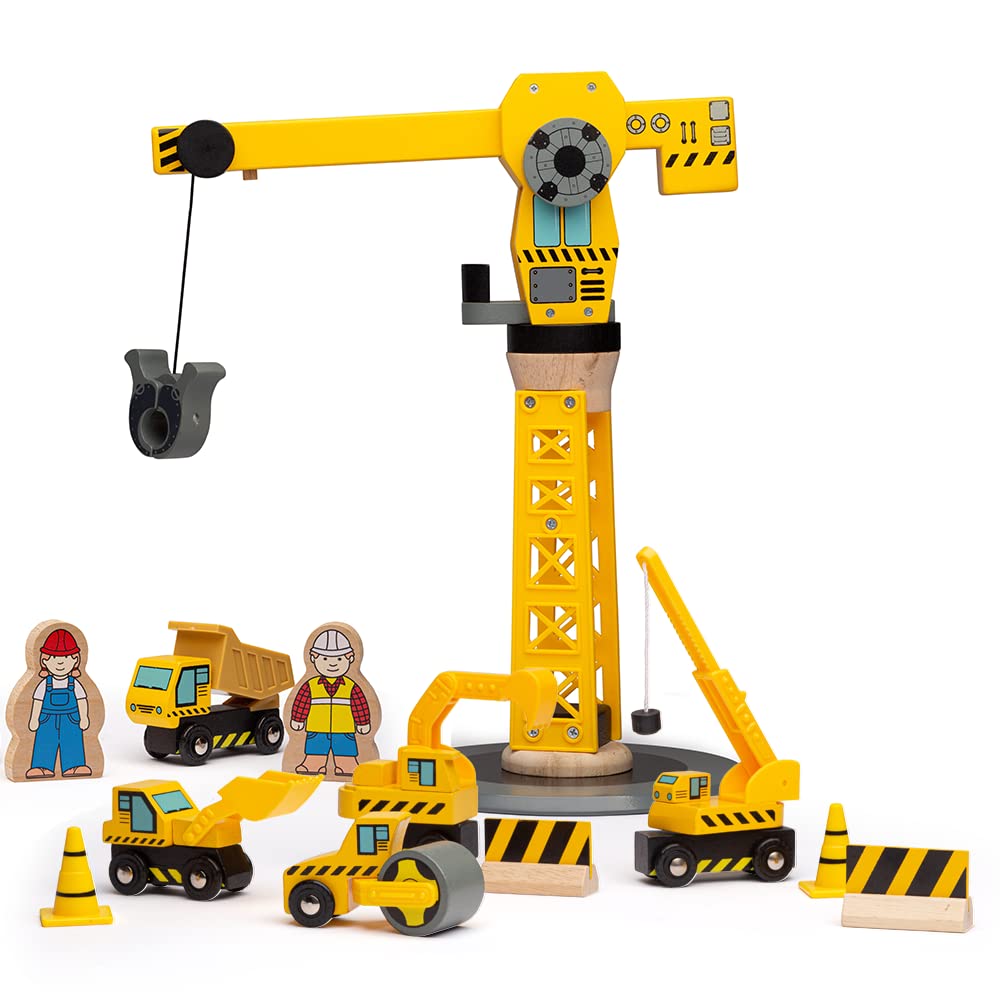 Bigjigs Rail Big Yellow Wooden Crane Construction Play Set with Vehicles & Accessories