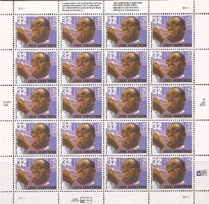 louis b. armstrong sheet of twenty 32 cents stamps scott 2982