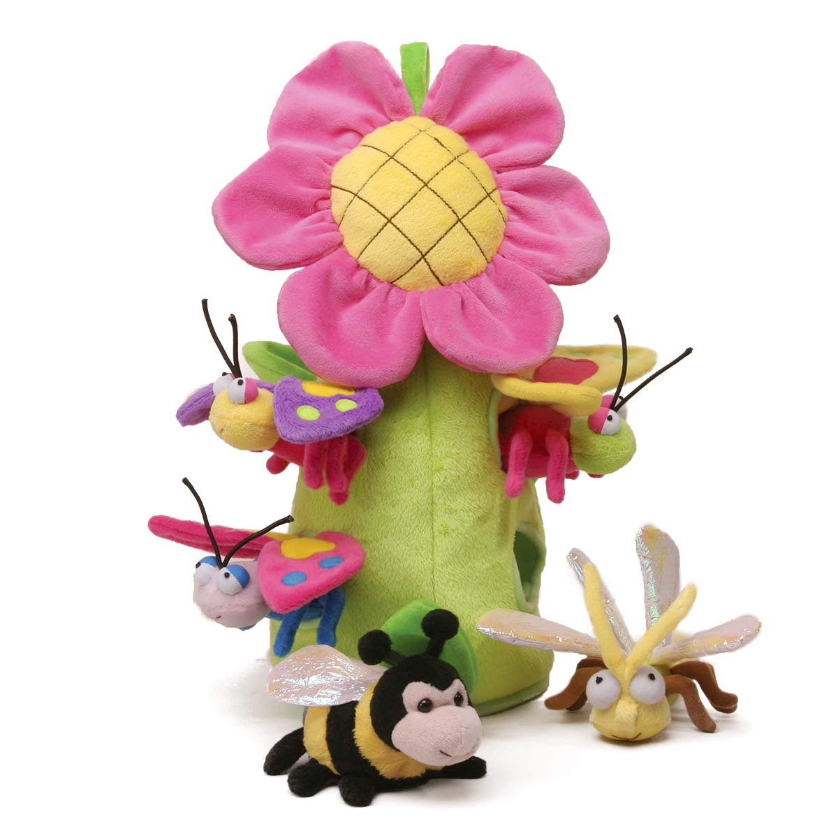 Plush Bug Flower House with Bugs - Five (5) Stuffed Animal Bugs and Butterflies in Play Flower Carrying House