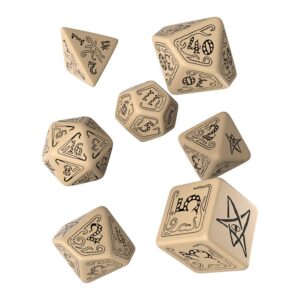 q workshop call of cthulhu rpg beige & black ornamented dice set 7 polyhedral pieces