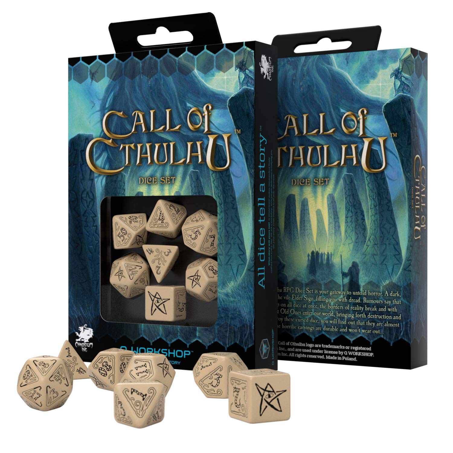 Q WORKSHOP Call Of Cthulhu RPG beige & black Ornamented Dice Set 7 Polyhedral Pieces