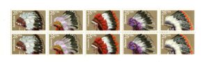 1990 indian headdresses #2505a booklet pane of 10 x 25 cents us postage stamps