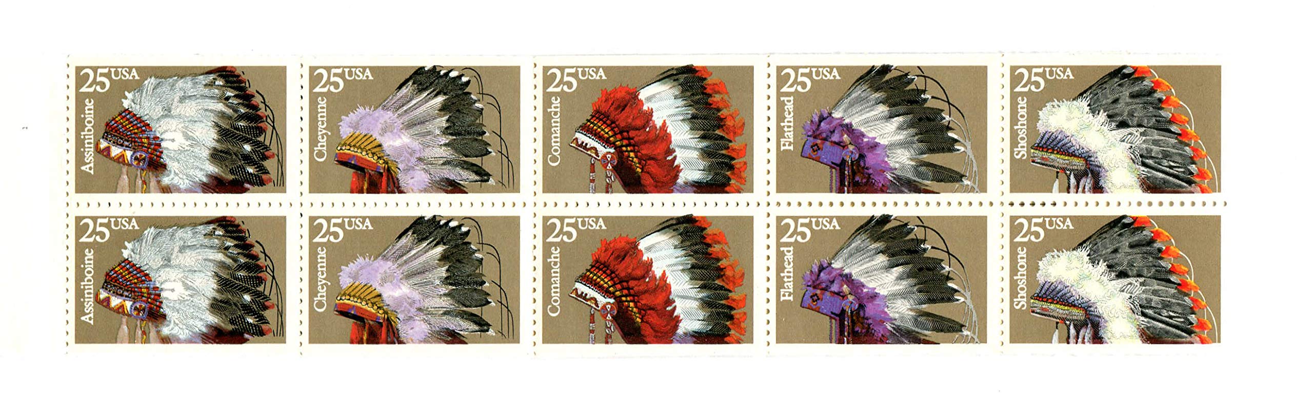 1990 INDIAN HEADDRESSES #2505a Booklet Pane of 10 x 25 cents US Postage Stamps