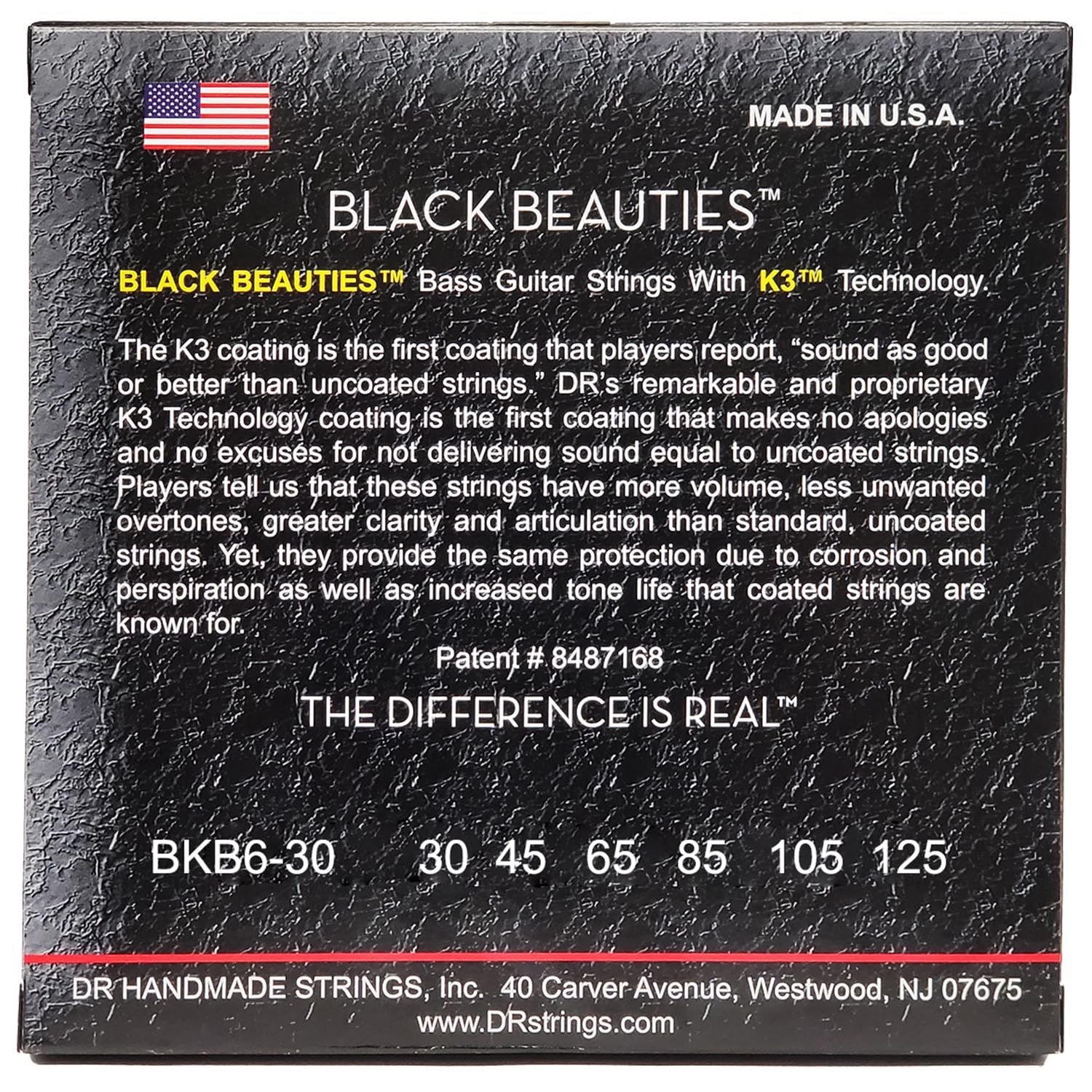 DR Strings Beauties-Black Coated Steel 6 Bass Guitar Strings, 30-125 Gauge, Round Core (BKB6-30)