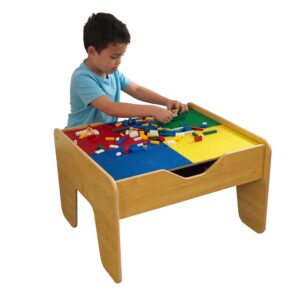 kidkraft 2-in-1 reversible top activity table with 200 building bricks and 30-piece wooden train set, natural, gift for ages 3+