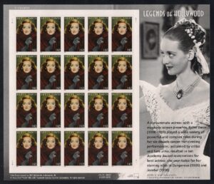 bette davis legends of hollywood pane of 20 x 42 cent us u.s. postage stamps