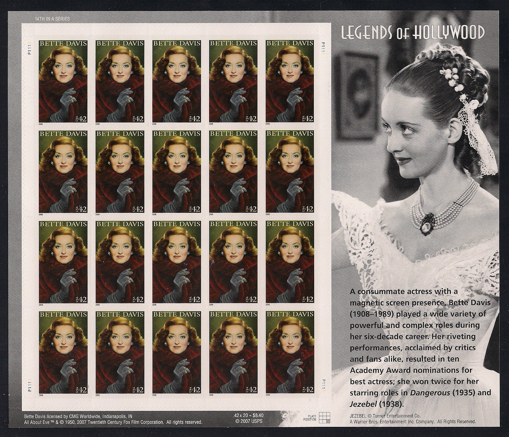 Bette Davis Legends of Hollywood pane of 20 x 42 cent us U.S. Postage Stamps