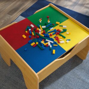 KidKraft 2-in-1 Reversible Top Activity Table with 200 Building Bricks and 30-Piece Wooden Train Set, Natural, Gift for Ages 3+