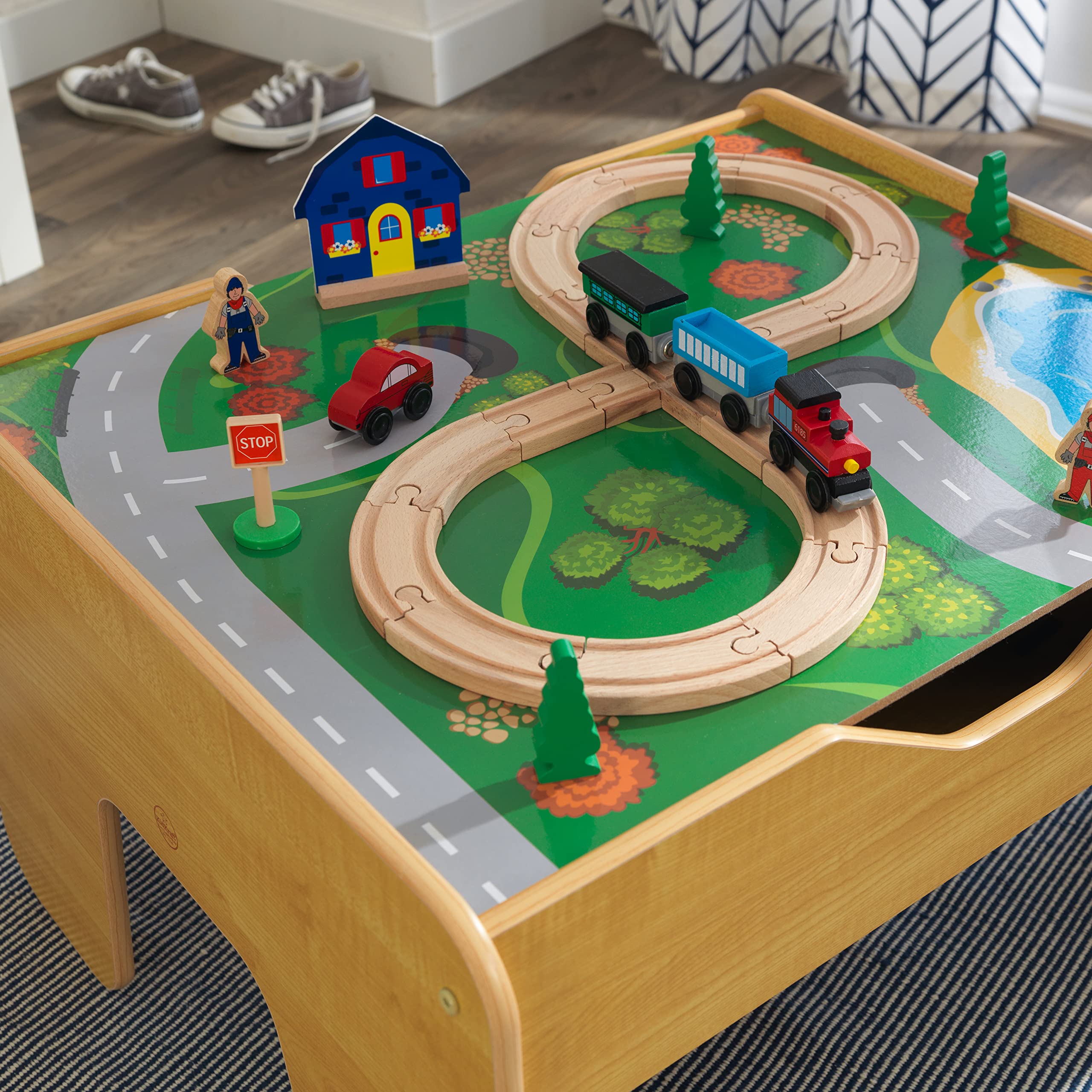 KidKraft 2-in-1 Reversible Top Activity Table with 200 Building Bricks and 30-Piece Wooden Train Set, Natural, Gift for Ages 3+