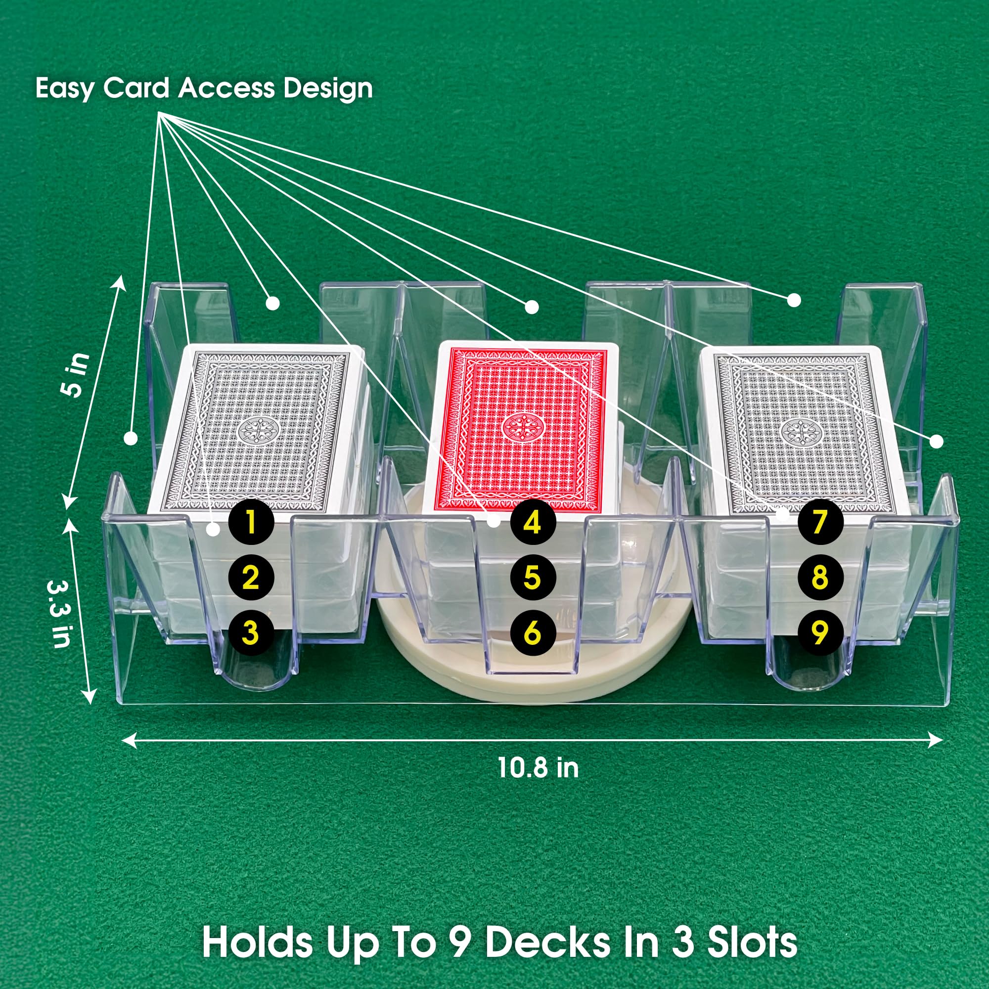 9 Deck Plastic Revolving Playing Card Tray with 3 Slots - Clear