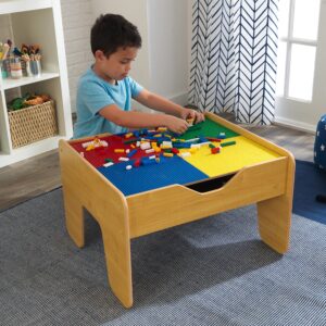 KidKraft 2-in-1 Reversible Top Activity Table with 200 Building Bricks and 30-Piece Wooden Train Set, Natural, Gift for Ages 3+