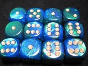 chessex dice d6 sets: gemini blue & green with gold - 16mm six sided die (12) block of dice