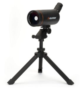 celestron – mini mak 70mm angled spotting scope – maksutov spotting scope – great for long range viewing – 25–75x zoom eyepiece – multi-coated optics – rubber armored – tabletop tripod included,black