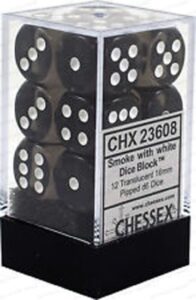 dnd dice set - chessex d&d dice - 16mm translucent smoke & white plastic polyhedral dice set-dungeons and dragons dice includes 12 dice – d6, various (chx23608)