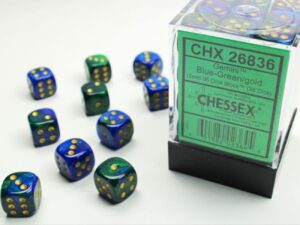 chessex dice d6 sets: gemini blue & green with gold - 12mm six sided die (36) block of dice