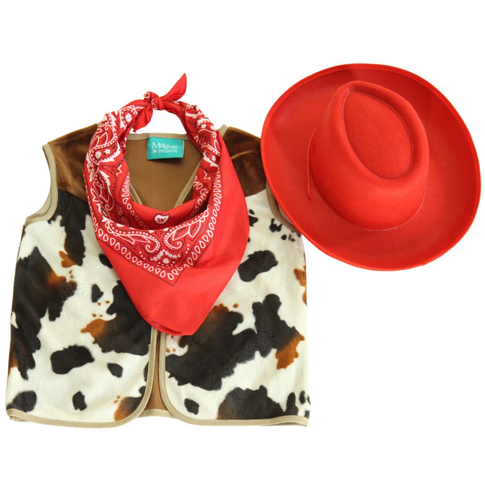 Making Believe Kids Western Rodeo Cowboy or Cowgirl Classic Costume Set - Vest, Red Hat, Bandanna - Size 4-6