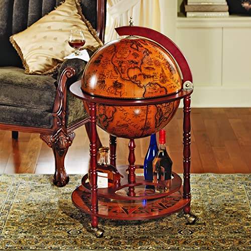 Design Toscano SJ45001 Sixteenth-Century Italian Replica Globe Bar Cart Cabinet on Wheels, 22 Inches Wide, 38 Inches Tall, MDF, Hardwood and Paper, Sepia Brown Finish