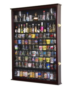 xl shot glass display case rack holder cabinet for tall shooter and mini liquor bottle -cherry