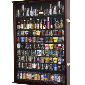 XL Shot Glass Display Case Rack Holder Cabinet for Tall Shooter and Mini Liquor Bottle -Cherry