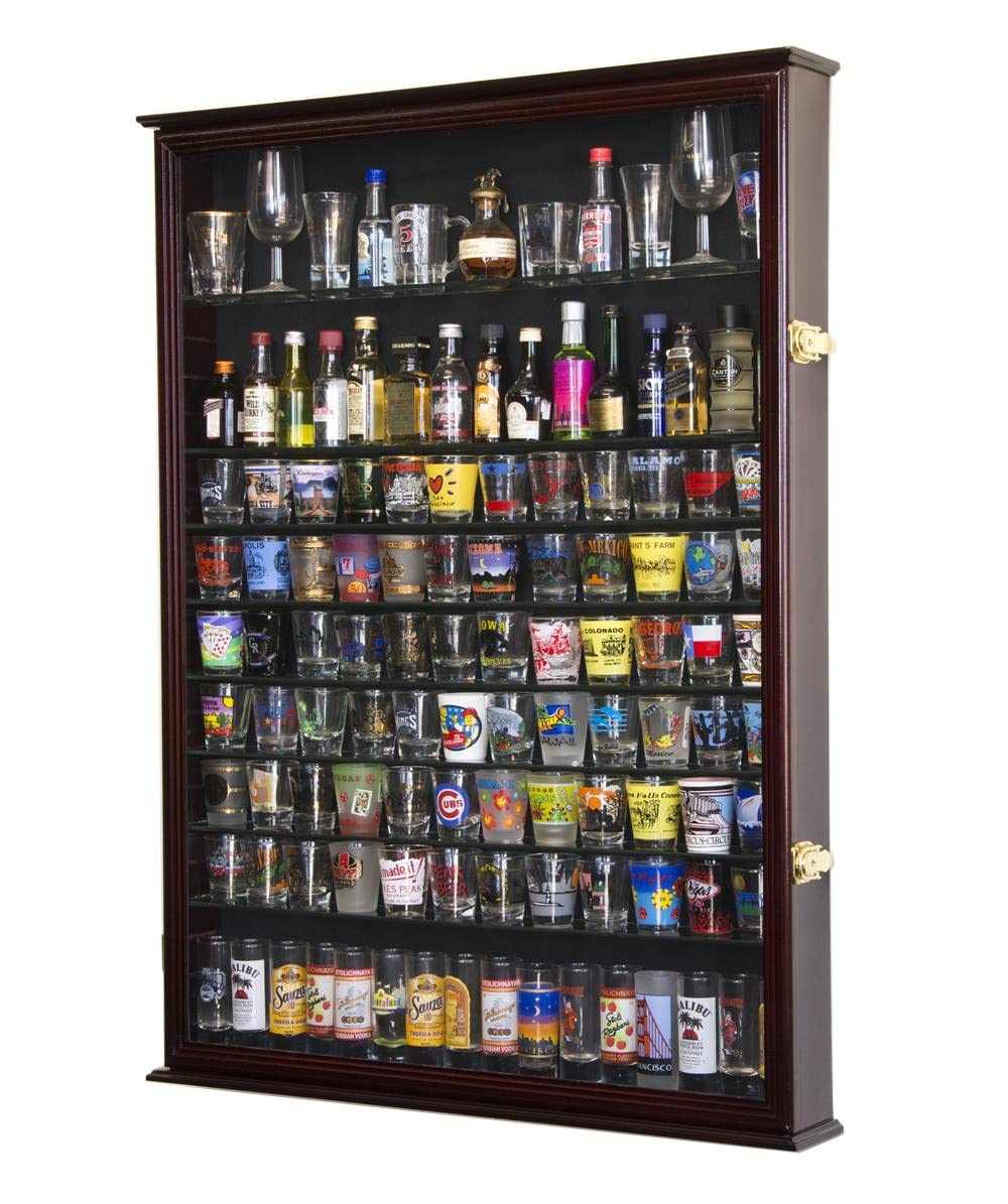 XL Shot Glass Display Case Rack Holder Cabinet for Tall Shooter and Mini Liquor Bottle -Cherry