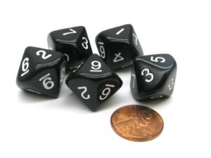 koplow games set of 5 d10 10-sided 20mm opaque rpg dice - black with white numbers