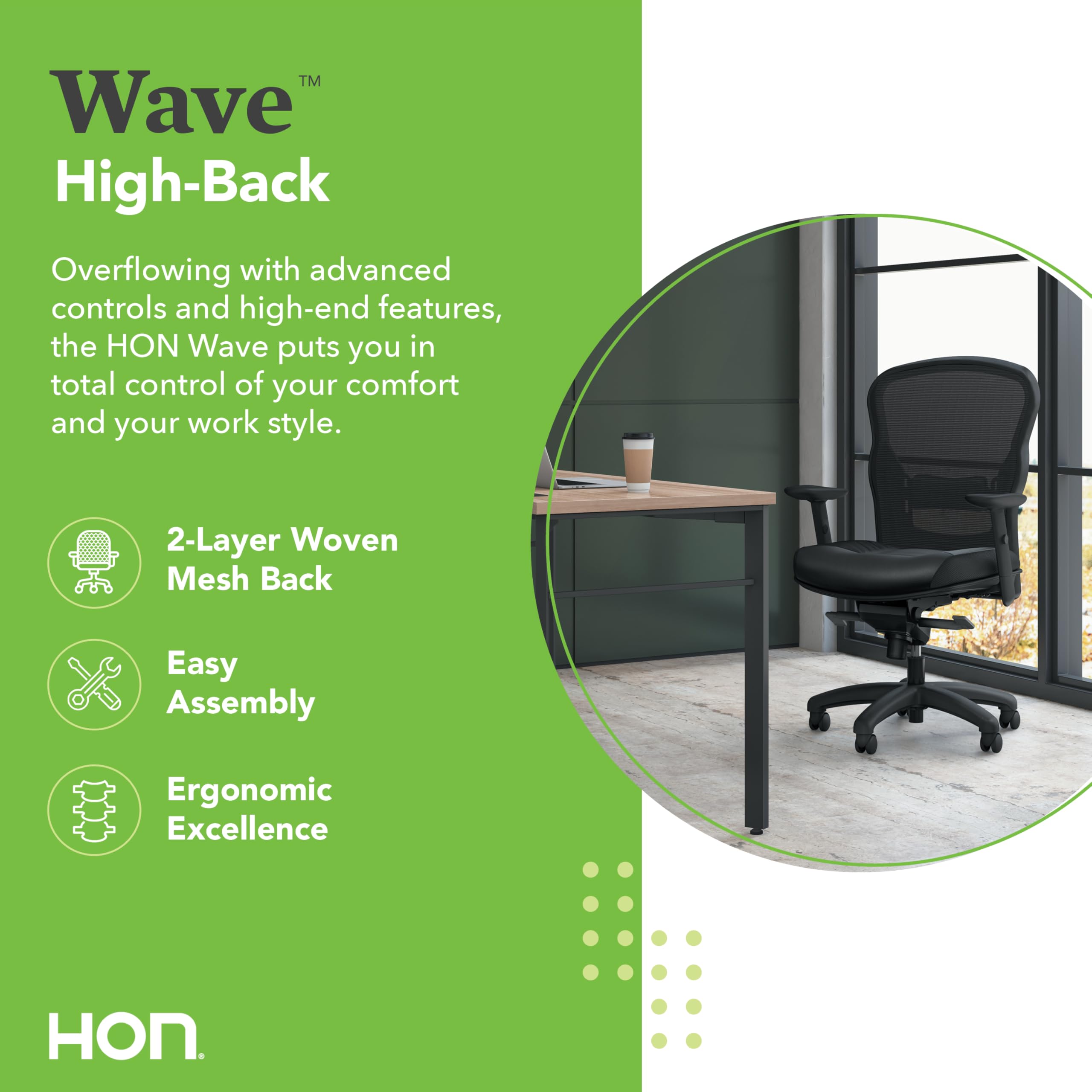 HON Wave High Back Office Chair Ergonomic Office Chair with Leather Seat, Breathable Back Mesh Desk Chair With Wheels and Arms, 360 Swivel, Synchro-Tilt Recline - Comfortable Home Office Desk Chair