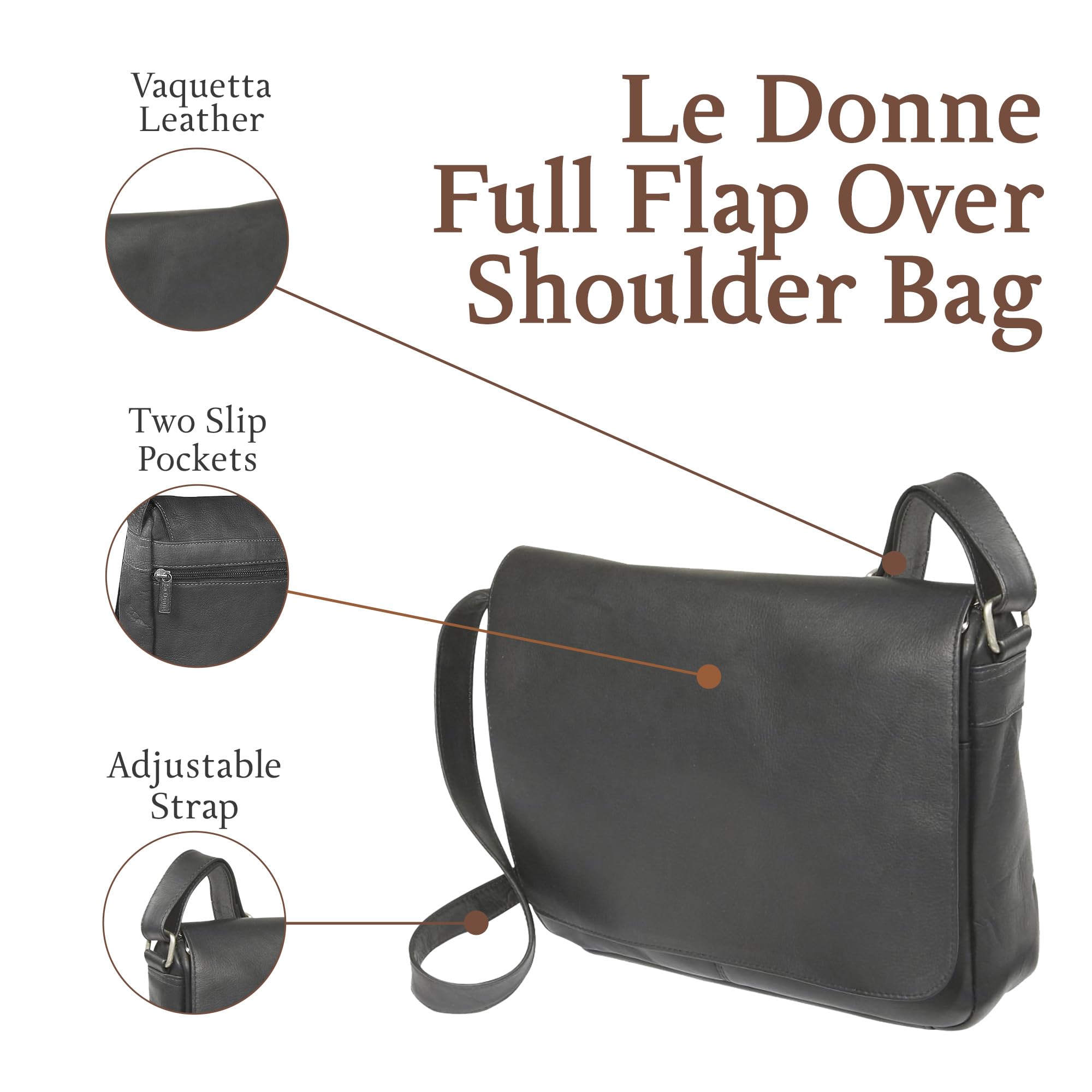 Le Donne Full Flap Over Shoulder Bag, Black