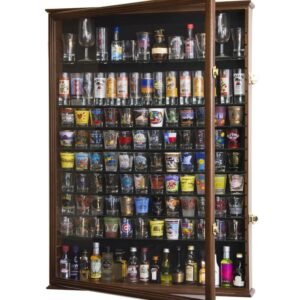 XL Shot Glass Display Case Rack Holder Cabinet for Tall Shooter and Mini Liquor Bottle -Cherry