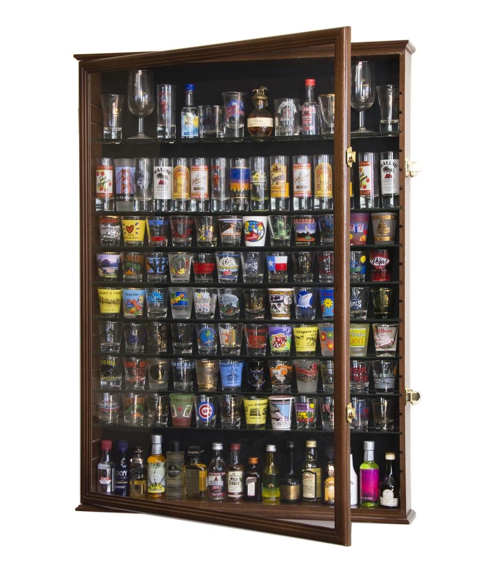 XL Shot Glass Display Case Rack Holder Cabinet for Tall Shooter and Mini Liquor Bottle -Cherry