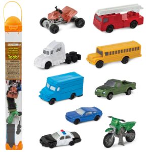 safari ltd on the road toob - figurines: semi-truck, motorcycle, police car, school bus, sports car, delivery truck, pick-up, atv, fire truck - educational toys for boys, girls & kids ages 3+