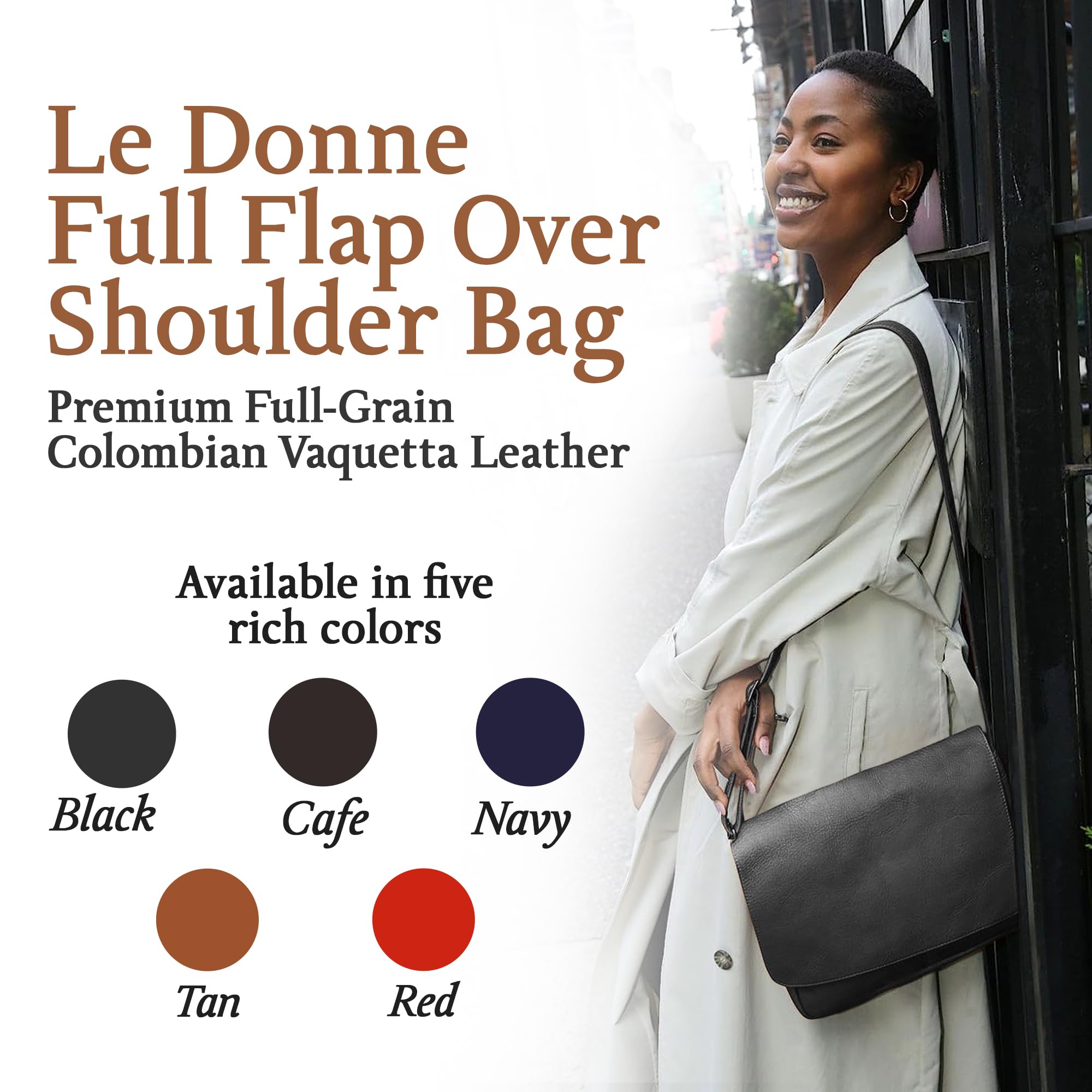 Le Donne Full Flap Over Shoulder Bag, Black