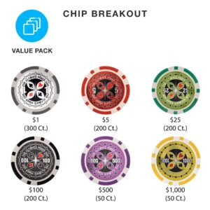 Brybelly Poker Chips 1000 Chips Set with Acrylic Case - Heavyweight 14g Poker Chips Set with 10 Removable Trays and 11" x 12" x 15" Portable Case - 8 Stripe Textured Inlay Casino Chips