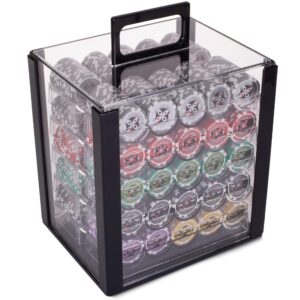 brybelly poker chips 1000 chips set with acrylic case - heavyweight 14g poker chips set with 10 removable trays and 11" x 12" x 15" portable case - 8 stripe textured inlay casino chips