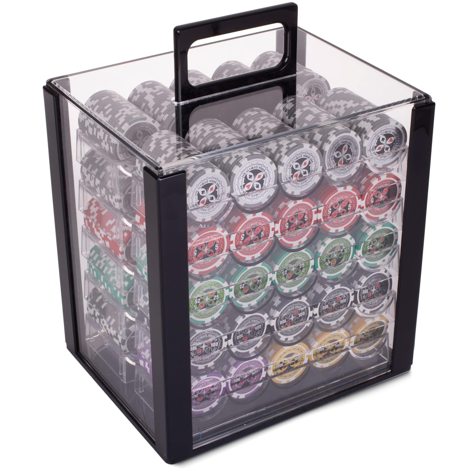 Brybelly Poker Chips 1000 Chips Set with Acrylic Case - Heavyweight 14g Poker Chips Set with 10 Removable Trays and 11" x 12" x 15" Portable Case - 8 Stripe Textured Inlay Casino Chips