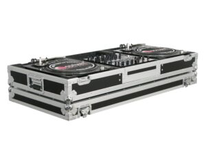 odyssey fzbm12w flight zone ata dj coffin with wheels for a 12" mixer & two turntables in battle position, black