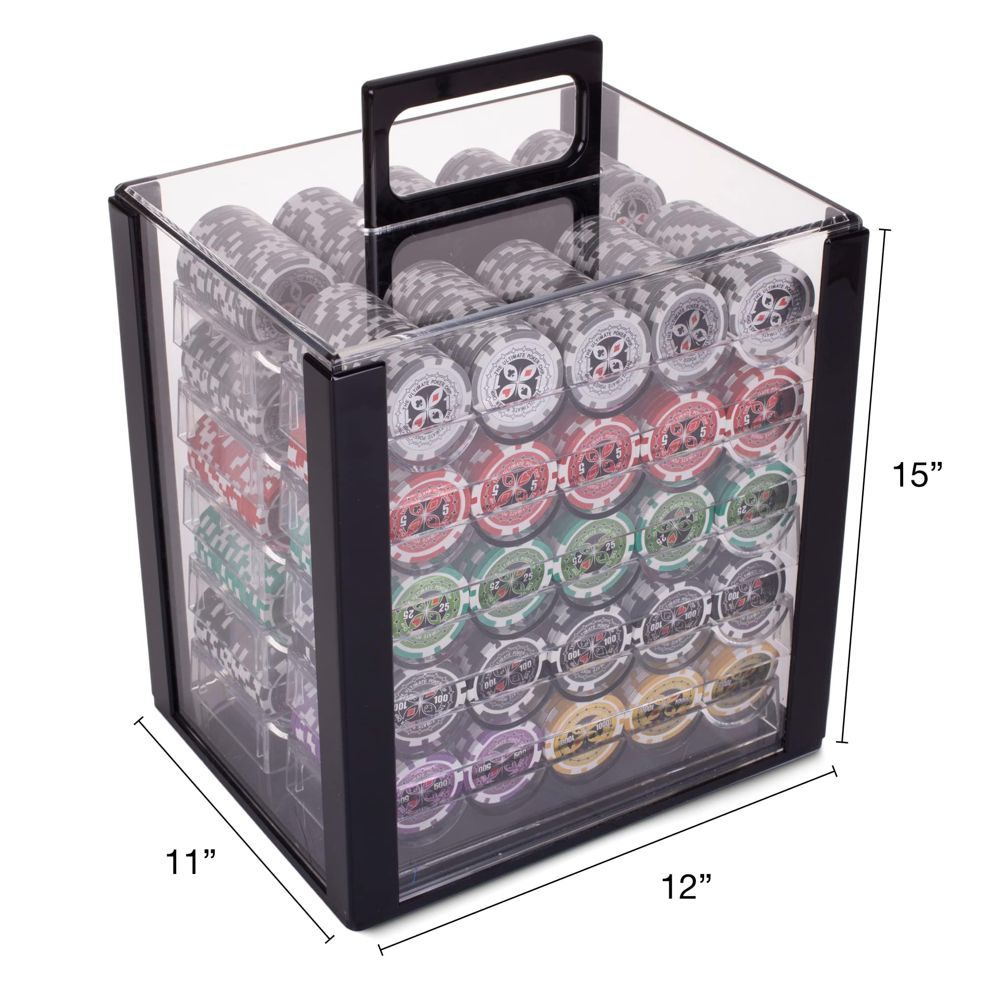 Brybelly Poker Chips 1000 Chips Set with Acrylic Case - Heavyweight 14g Poker Chips Set with 10 Removable Trays and 11" x 12" x 15" Portable Case - 8 Stripe Textured Inlay Casino Chips