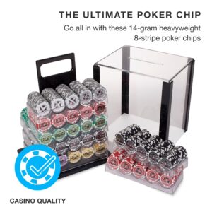 Brybelly Poker Chips 1000 Chips Set with Acrylic Case - Heavyweight 14g Poker Chips Set with 10 Removable Trays and 11" x 12" x 15" Portable Case - 8 Stripe Textured Inlay Casino Chips