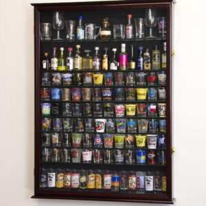 XL Shot Glass Display Case Rack Holder Cabinet for Tall Shooter and Mini Liquor Bottle -Cherry