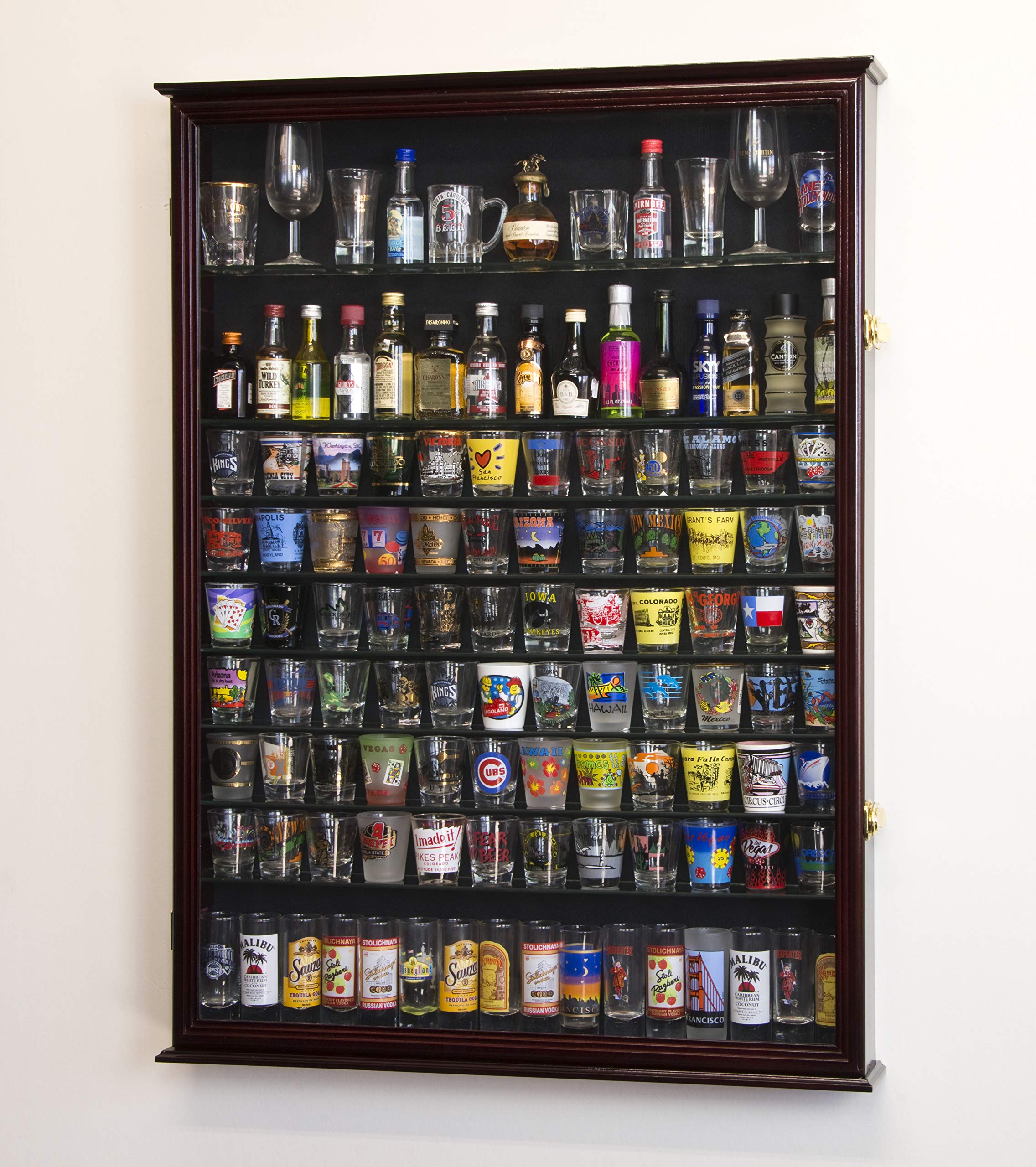 XL Shot Glass Display Case Rack Holder Cabinet for Tall Shooter and Mini Liquor Bottle -Cherry