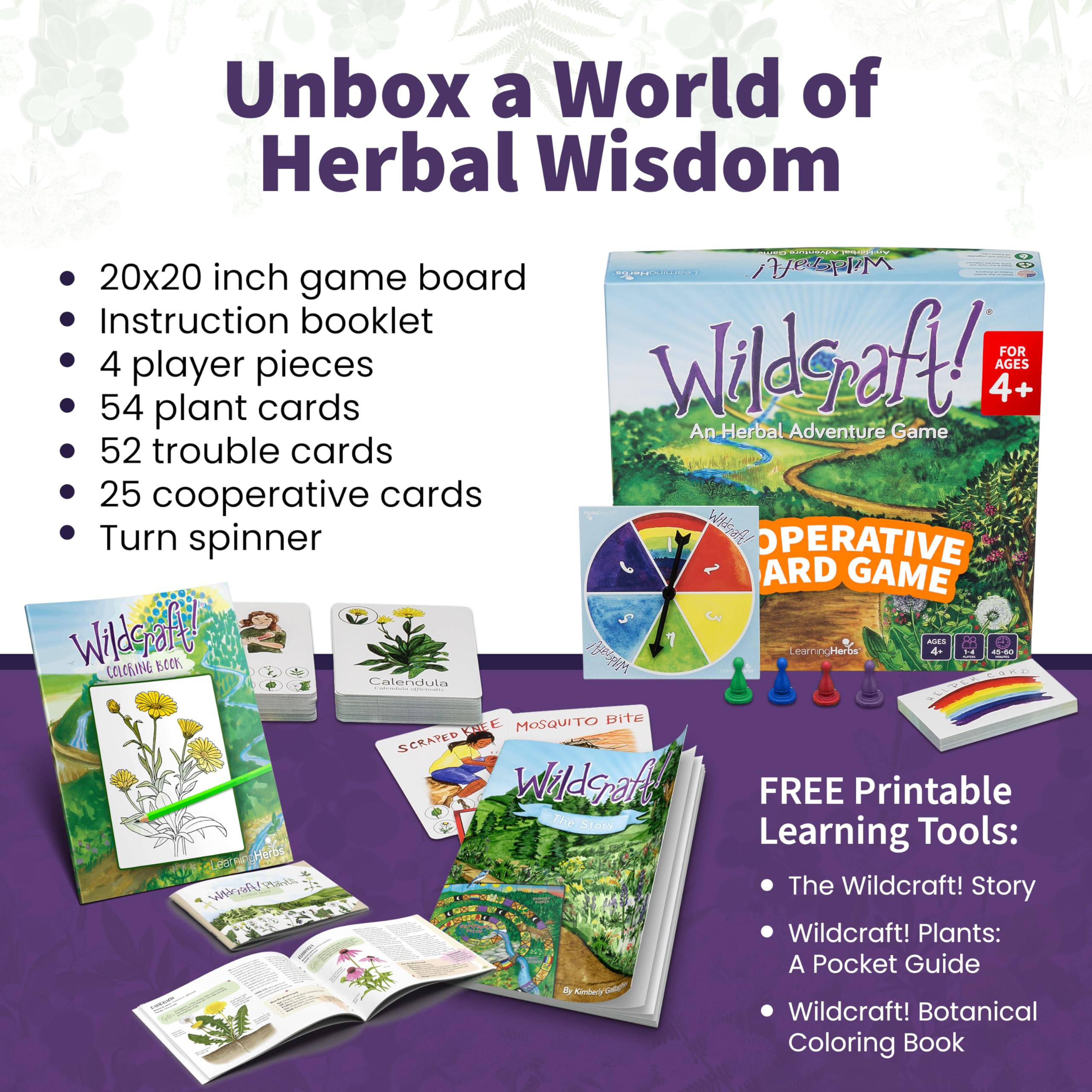 Wildcraft! an Herbal Adventure Game/Family Game: Cooperative Board Games for 4+ Year Olds Learn 25 Herbs – Coop Board Games/Educational Games w/Learning Tools, incl. Plant Guide & Coloring Book