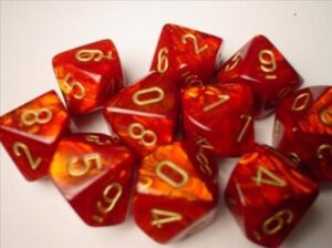 chessex dice sets: scarab scarlet with gold - ten sided die d10 set (10)